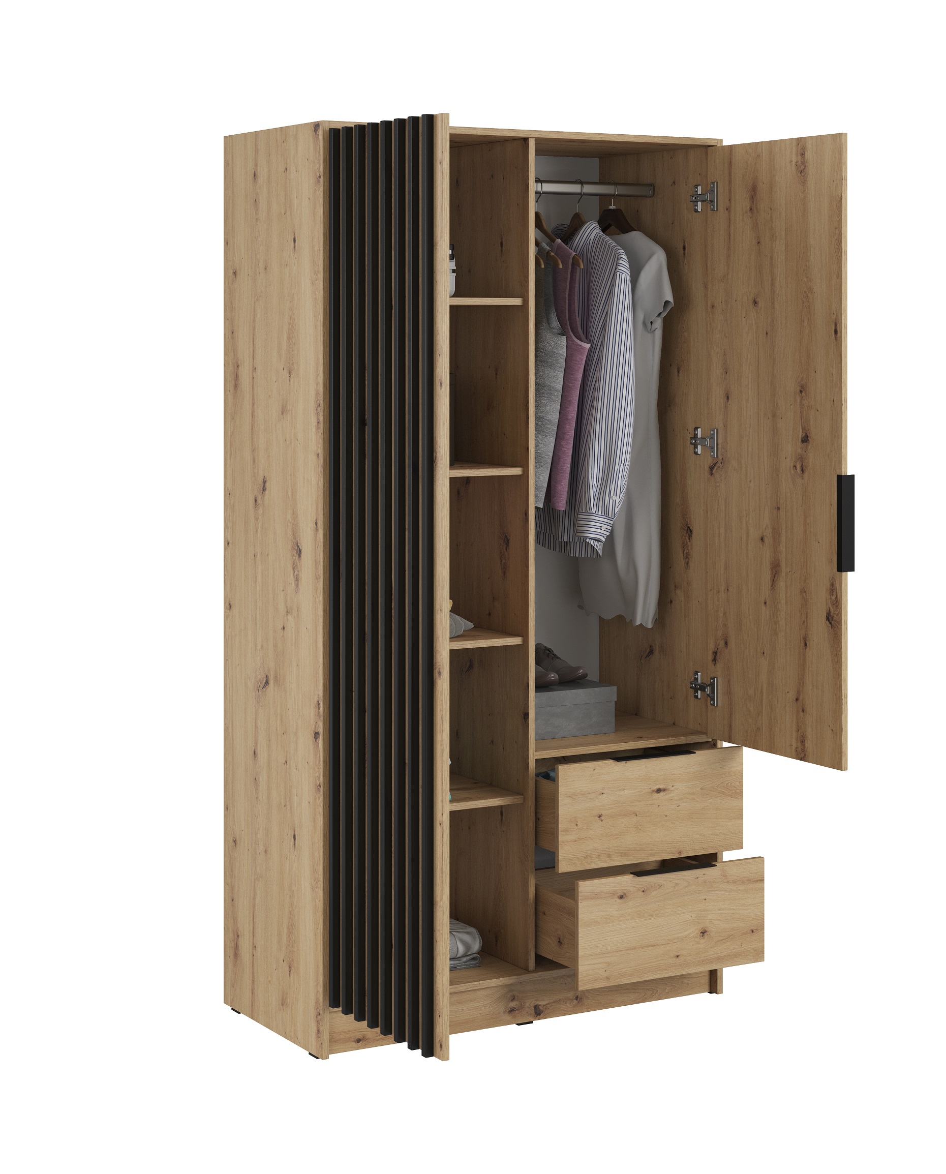 Szafa dwudrzwiowa Nel 105 cm dąb artisan/czarne lamele szufladami