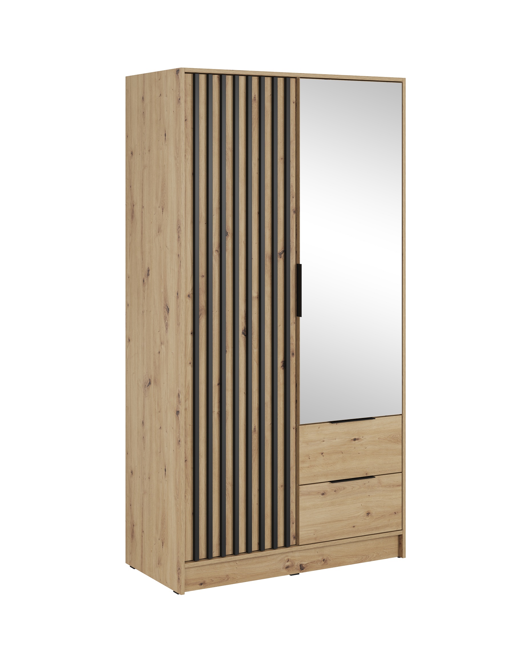 Szafa dwudrzwiowa Nel 105 cm dąb artisan/czarne lamele z lustrem szufladami